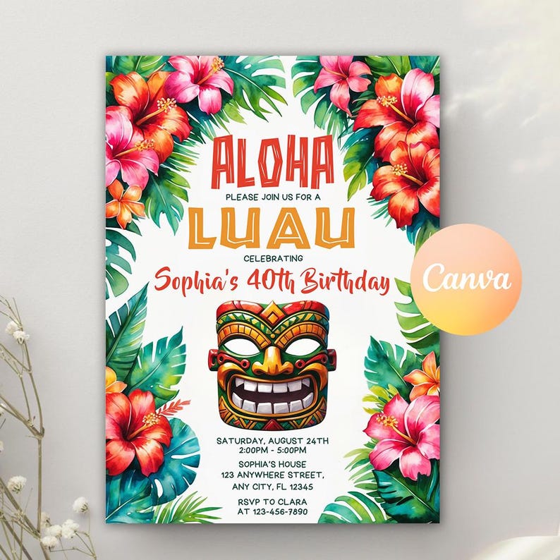 Aloha Tropical Party Invitation, Luau Birthday Invitation, Hawaiian ...