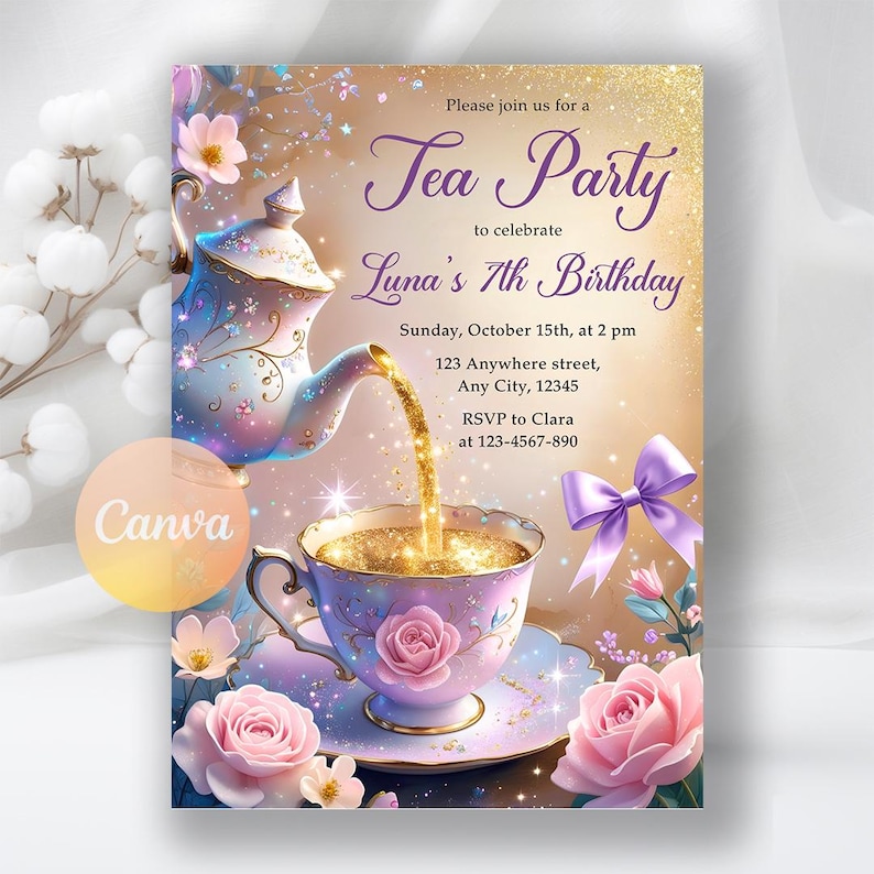 Whimsical Tea Party Birthday Invitation: Editable Canva Template ...