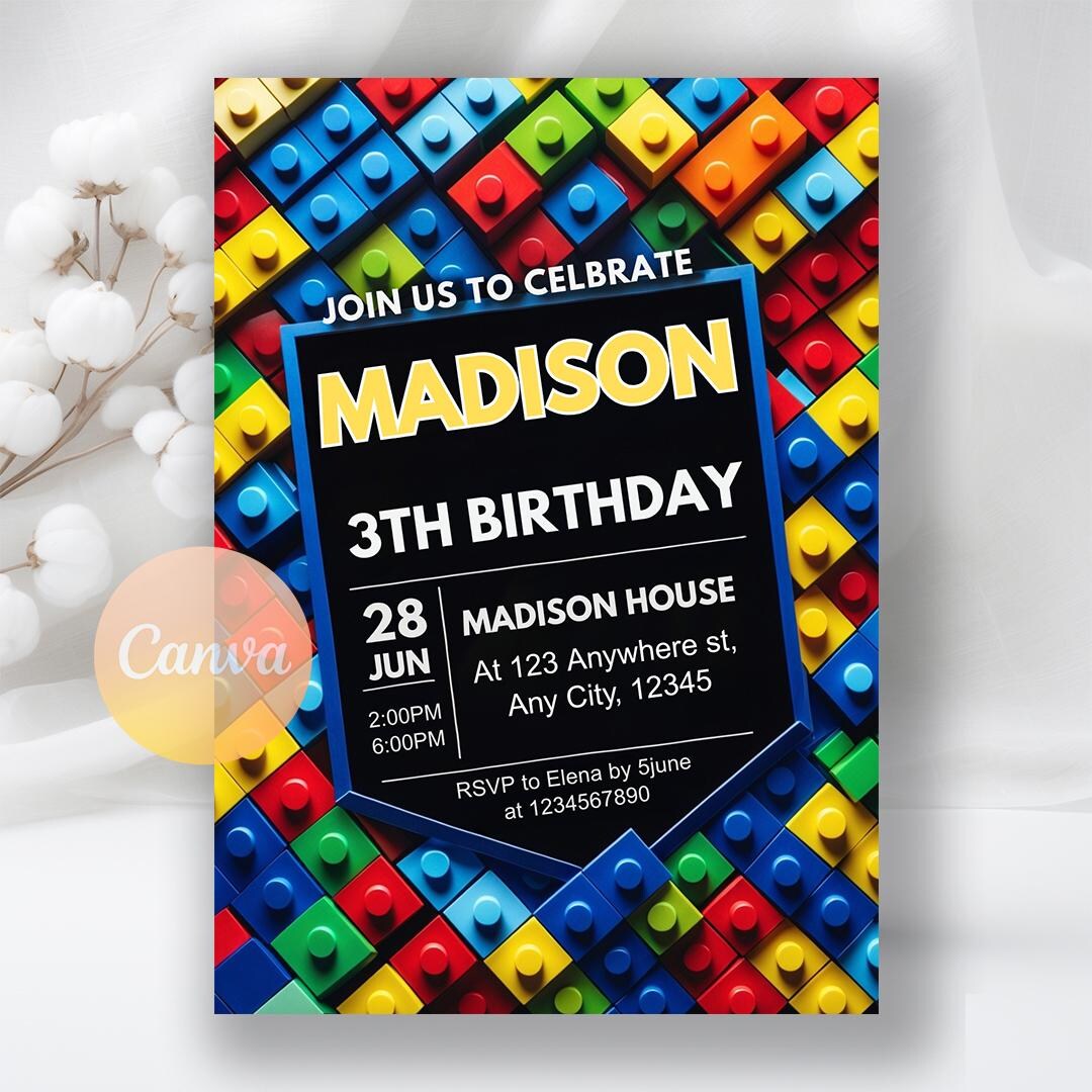 Building Blocks Birthday Invitation, Construction Theme Party Invite ...
