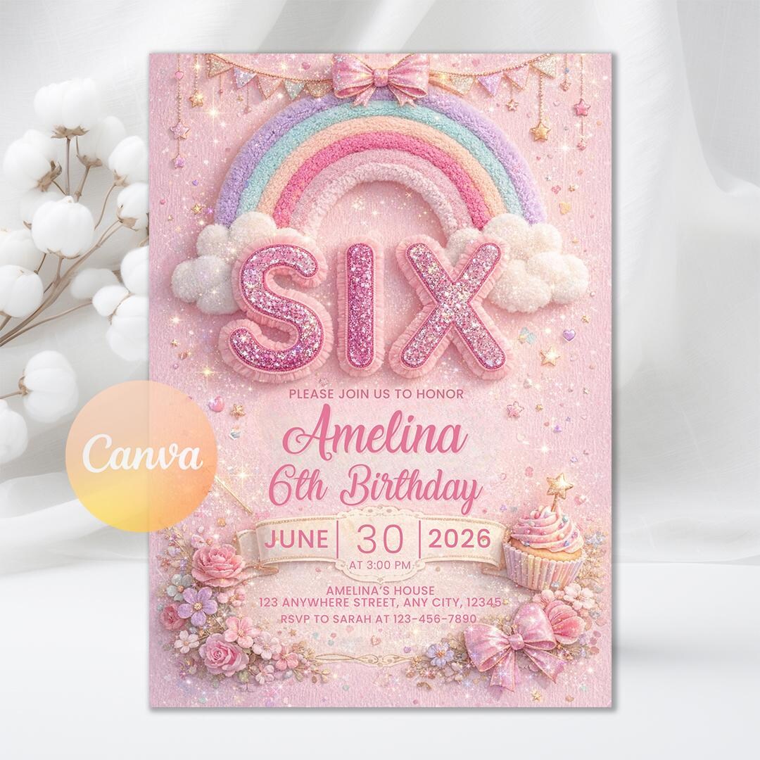 6th Birthday Invitation Girl, Rainbow Sequin Glitter Invite, Sixth ...