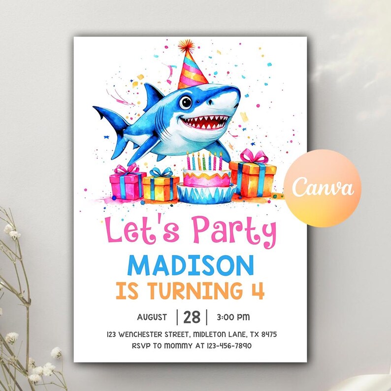 Editable Shark Birthday Invitation, Ocean Theme Kids Party Invites ...