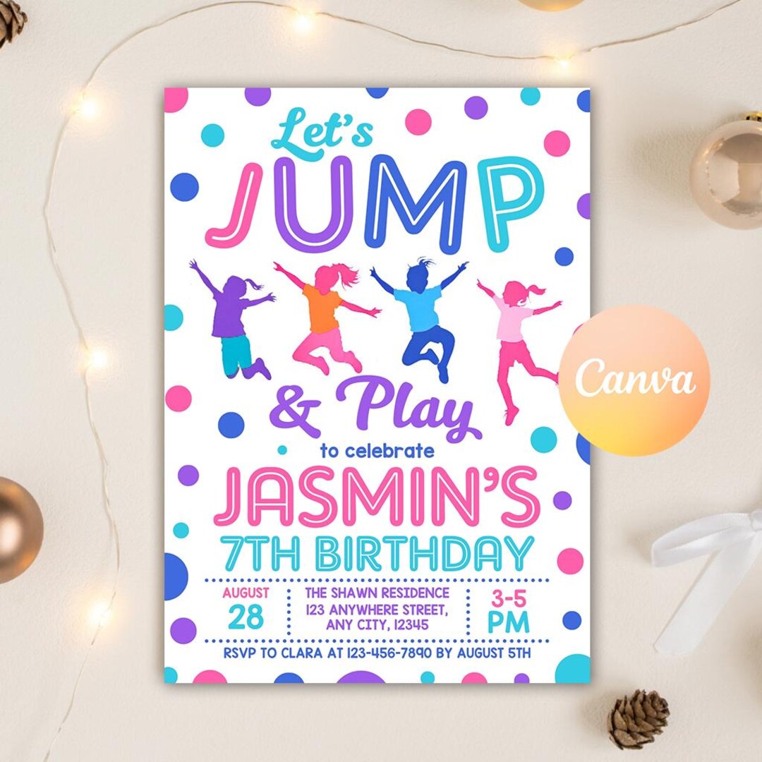 Jump Invitation Printable, Jump Birthday Invite, Girls Trampoline Party ...