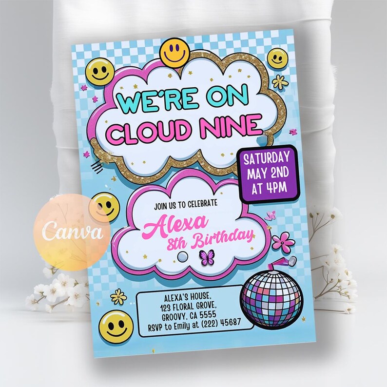 Groovy Cloud Nine Birthday Invitation, Girl 9th Birthday Party ...