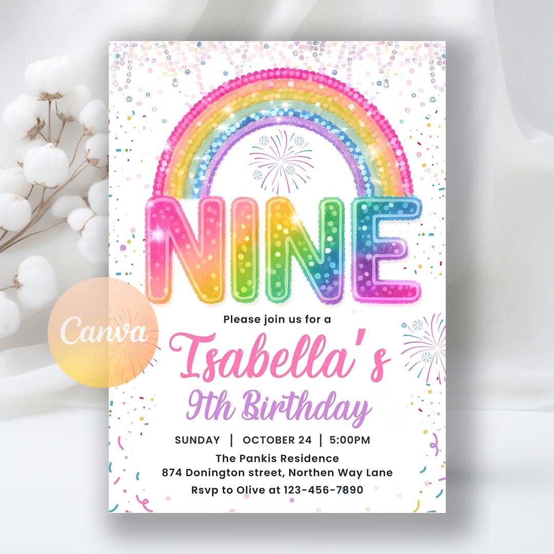 9th Birthday Invitation Girl, 9th Rainbow Sequin Birthday Invite, 9th ...