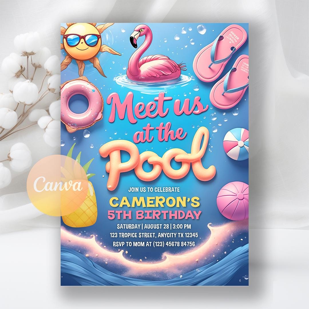 Girl Pool Party Invitation, Pink Pool Party Girl Birthday Invitation ...
