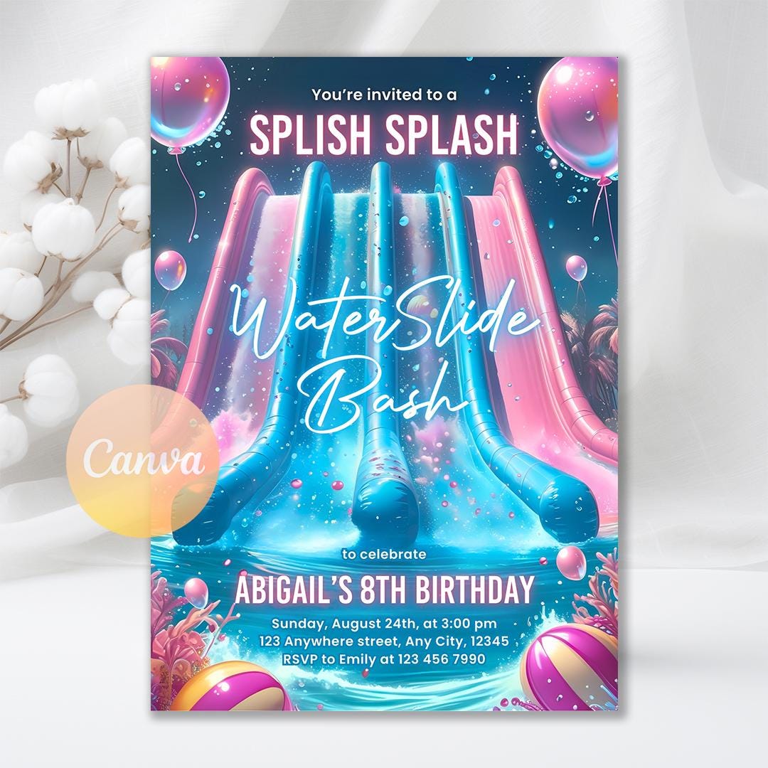 Water Slide Birthday Invitation, Water Slide Invitation, Summer Pool ...