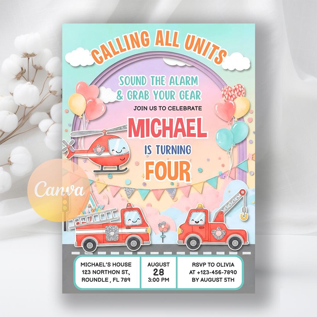 Emergency Vehicles Birthday Invitation, First Responders Party ...