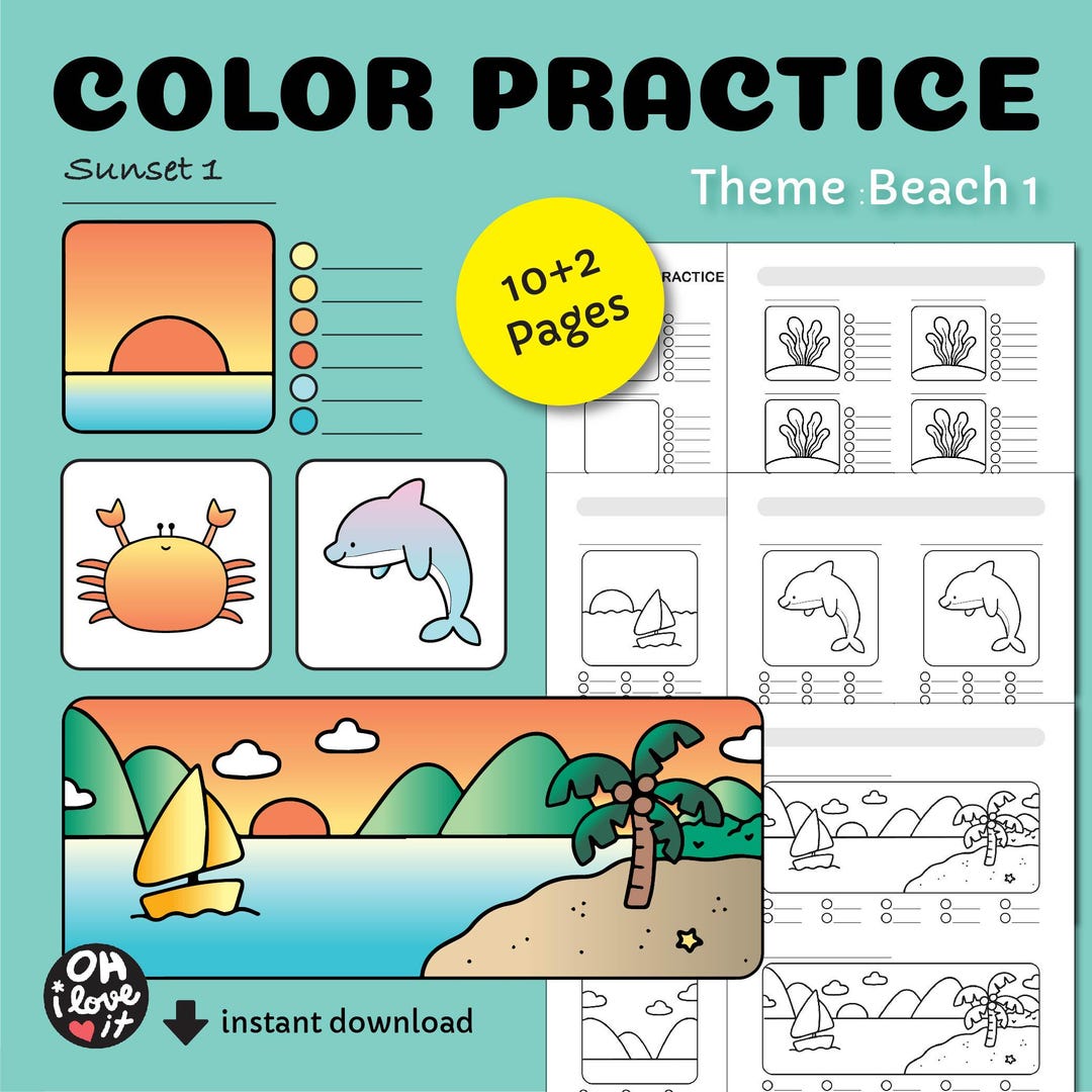 Beach Color Blending Practice Pages, Sunset Theme Coloring Worksheets ...