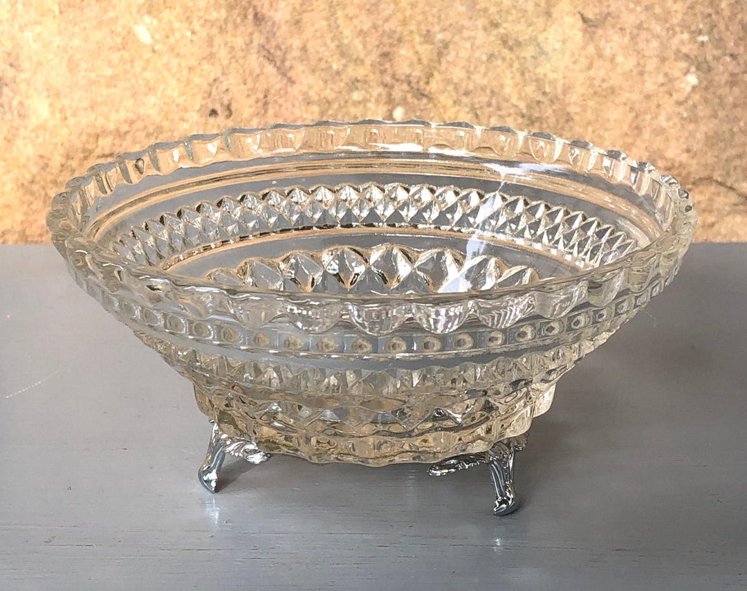 Cut Glass Dish With Silver Feet/legs - Small Vintage Footed Bowl ...
