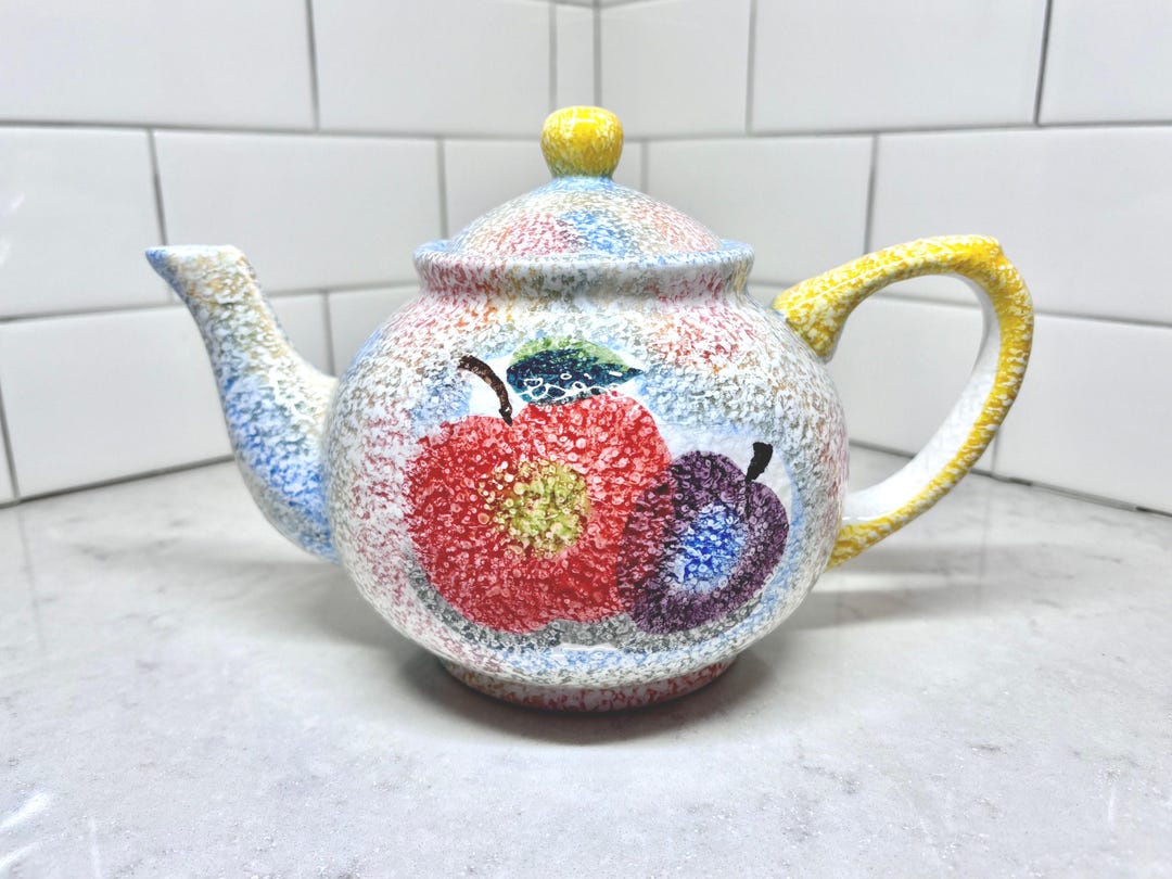 Vintage Cooks Club Teapot – Multicolor Sponge Ware With Fruit Motif - Etsy