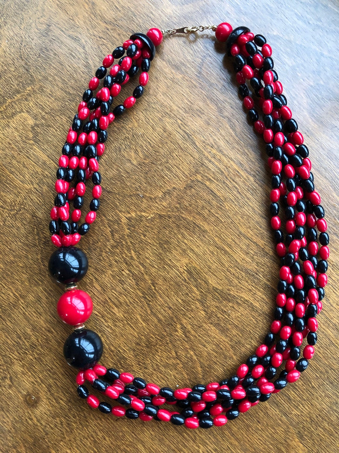 Vintage Multi-strand Black and Red Bead Necklace - Vintage Bead ...