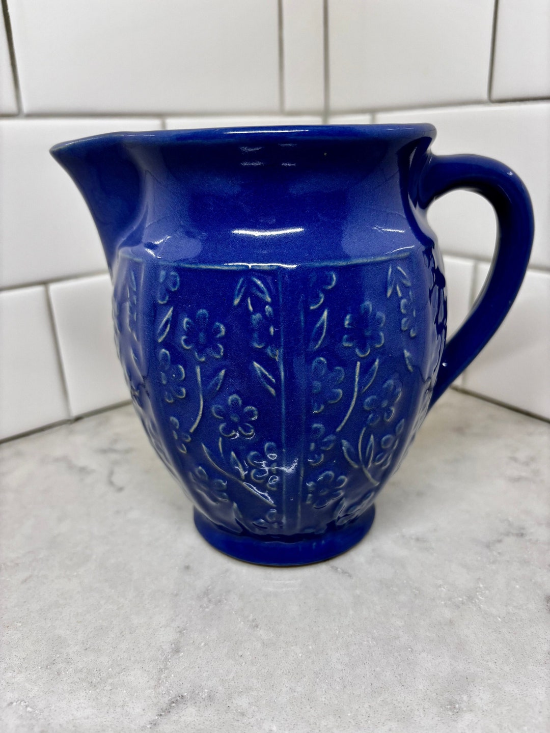 Vintage Blue Pitcher With Raised Relief Floral Design Vintage Pitcher ...