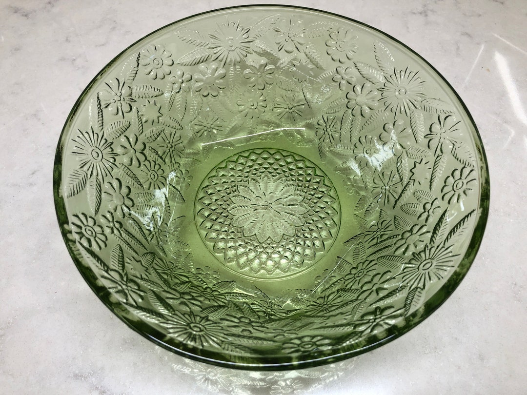 Vintage Bowl Green Indiana Glass Bowl Pineapple and Floral Bowl Pressed ...