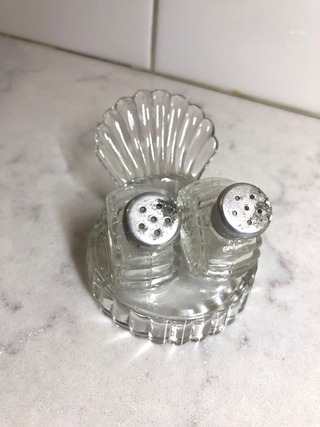 Crystal Condiment Set - Vintage Salt and Pepper With Serving Tray- Salt ...