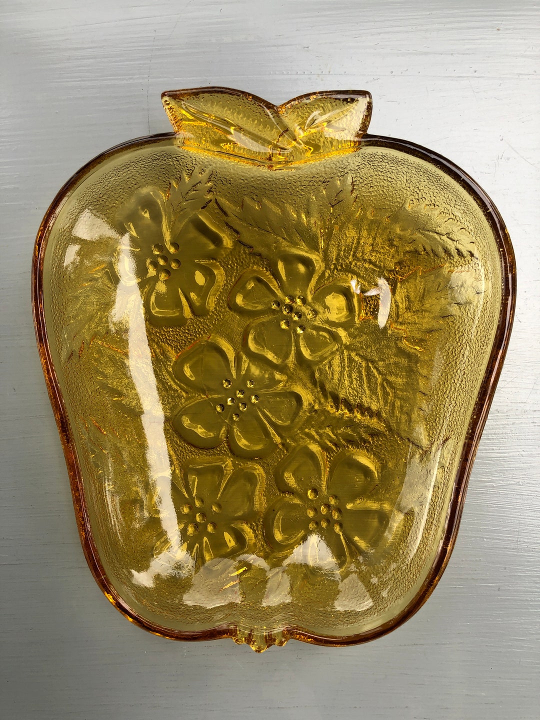 Apple Shaped Relish Dish - Amber Colored Glass Dish - Embossed Relish ...
