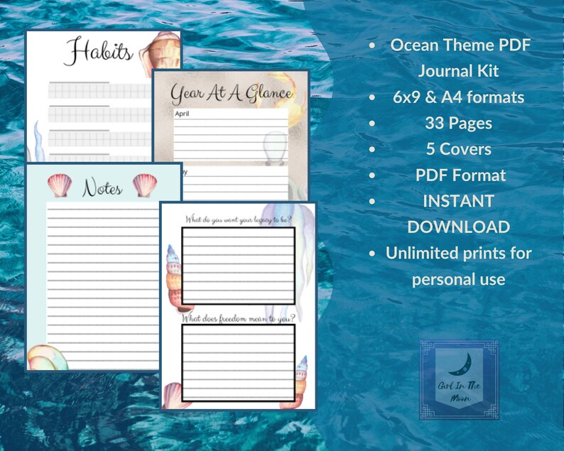 Ocean Watercolor Printable Yearly Planner Kit - Instant PDF Digital ...