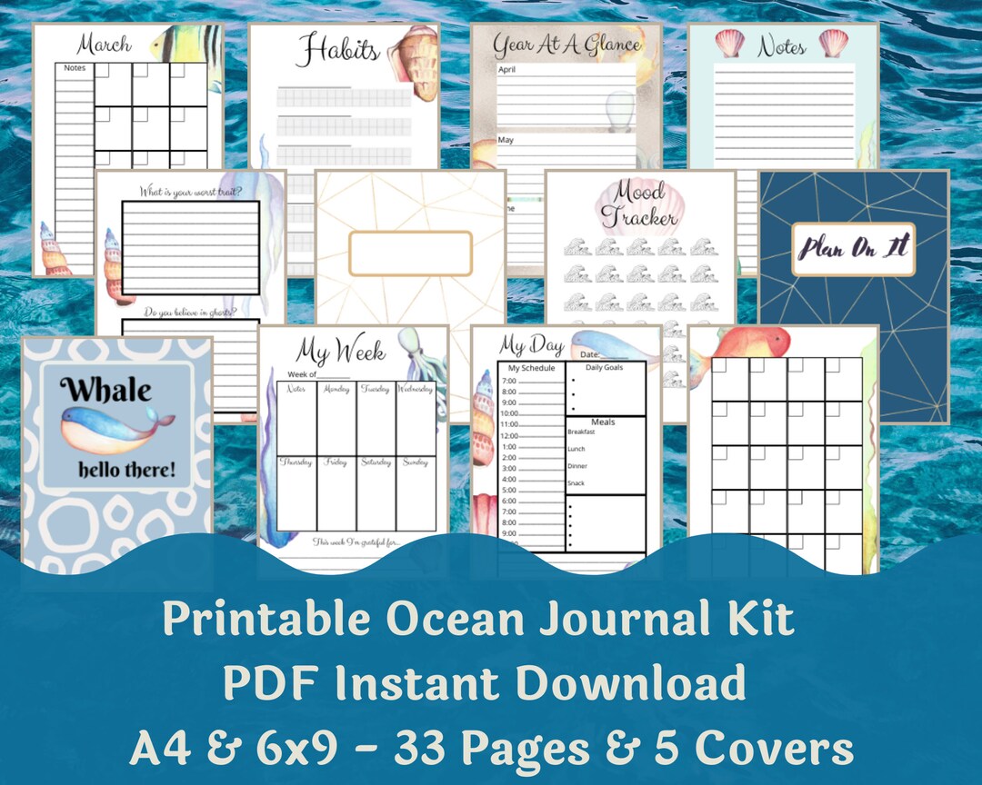 Ocean Watercolor Printable Yearly Planner Kit - Instant PDF Digital ...
