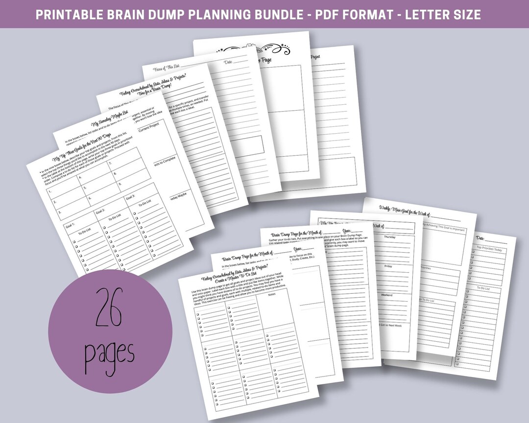 Brain Dump Printable Planner Bundle - 26 Pages - Thought Organizer ...
