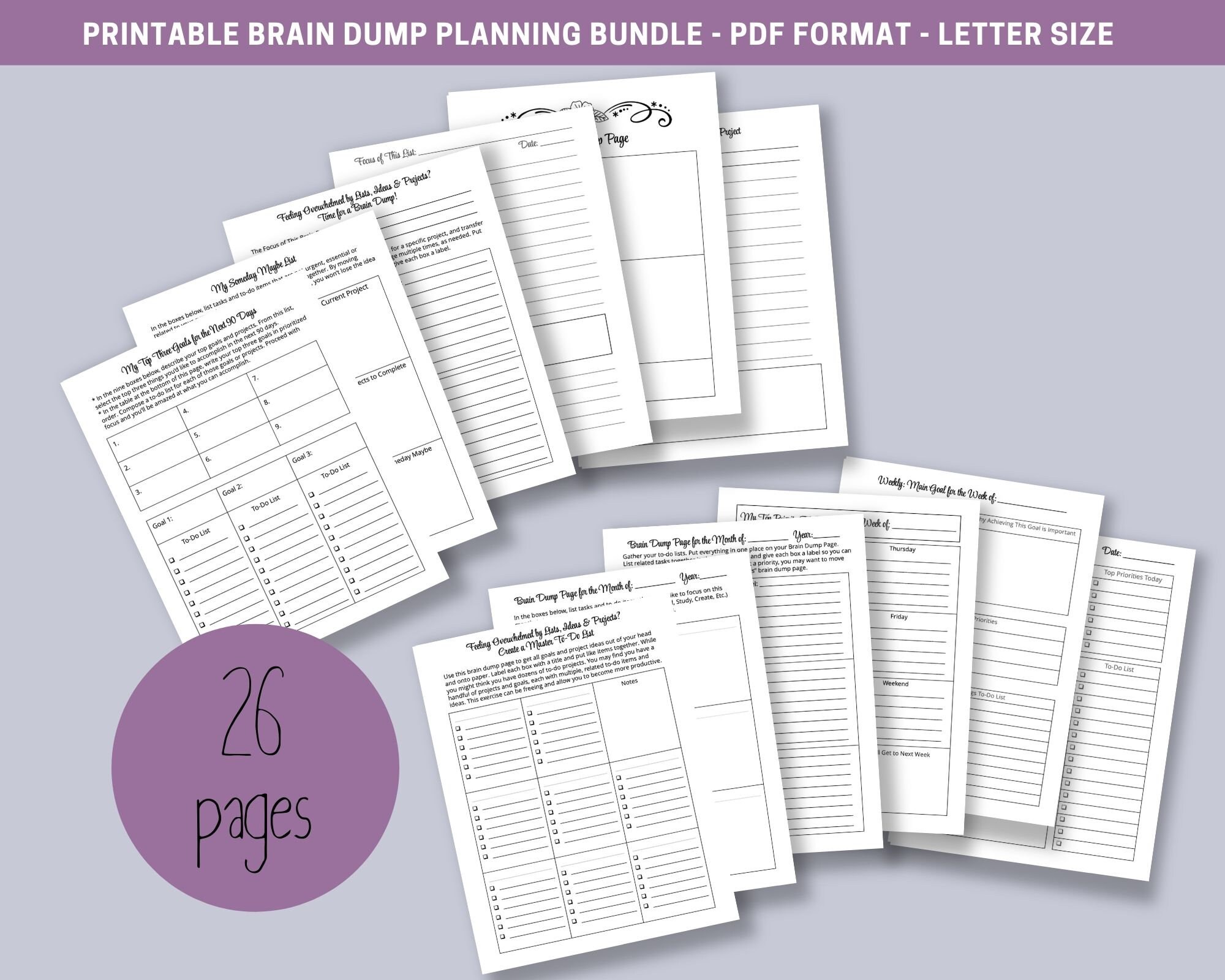 Brain Dump Printable Planner Bundle 26 Pages Thought Organizer Instant ...