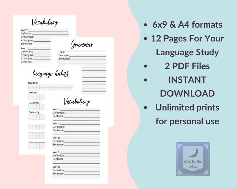 Language Study Printable Planner Pages - Instant PDF Download - Foreign ...