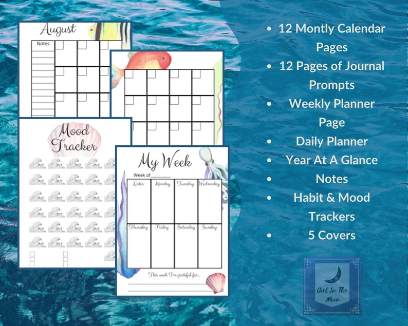 Ocean Watercolor Printable Yearly Planner Kit - Instant PDF Digital ...