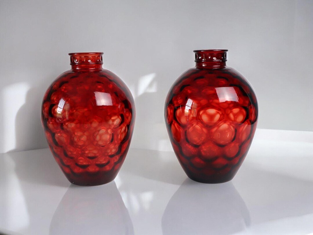 Set of 2 Wheaton Ruby Red Honeycomb Reverse Optic Decanters, No ...