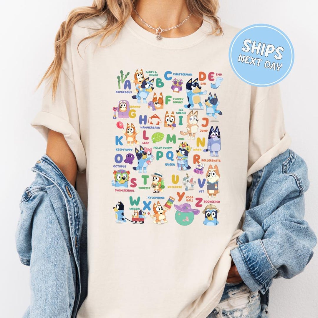 Blue Dog Alphabet Tee for Kids Blue Characters and Alphabet Shirt for ...