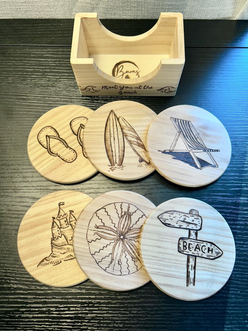 Beach-themed Hand Woodburned Coaster Set (6) With Holder - Etsy