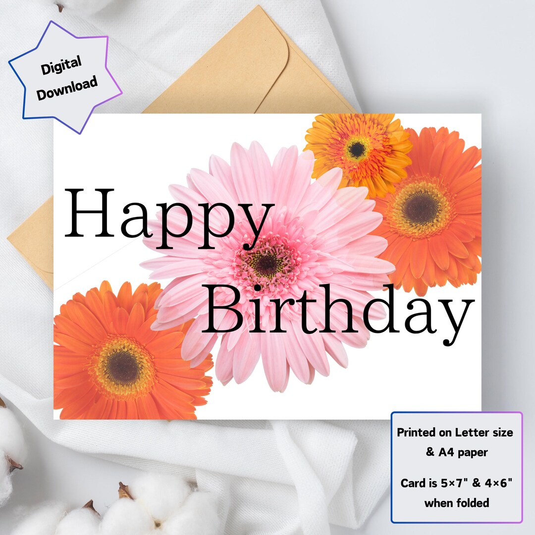 Happy Birthday Card - Digital Download - Beautiful Printable Flower ...