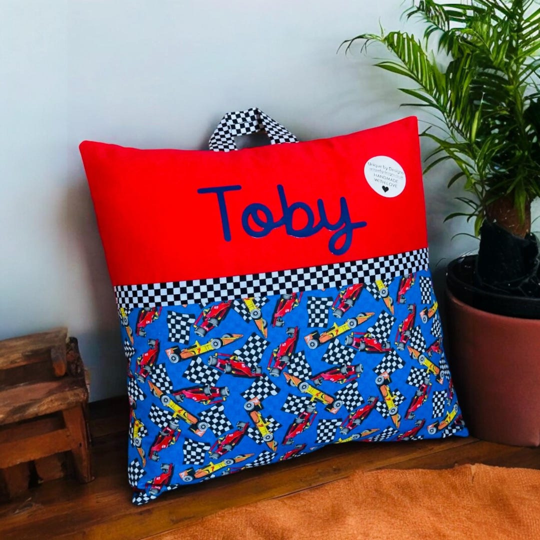 Personalised Red Racing Car Book Cushion With Carry Handle, Racing Car ...