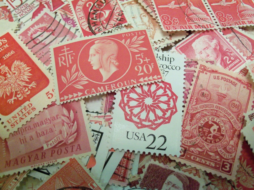 40 Red Postage Stamps, Pink Stamps, Used Postage Stamps, Vintage Stamps ...