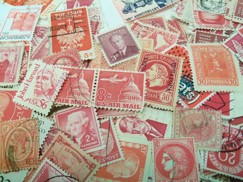 40 Red Postage Stamps Pink Stamps Used Postage Stamps | Etsy