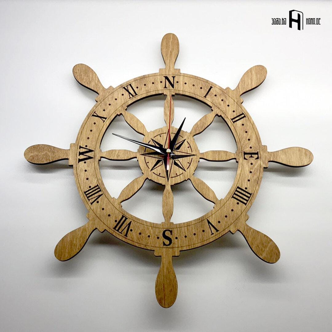 Ship Wheel Wooden Clock, 40/40cm, Ship Wheel, Marine-themed Clock ...