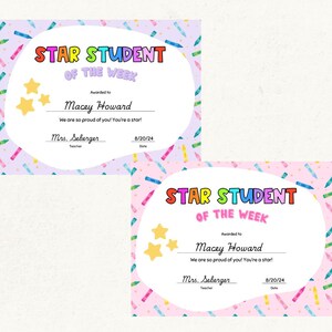 Editable Star Student of the Week Certificates - Etsy