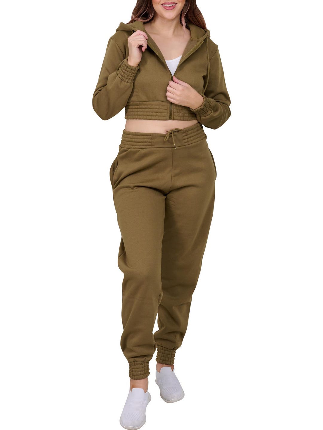 Ladies Crop Top Sweat Suit Set Jogger Casual Hoodie Trouser 2 Piece ...