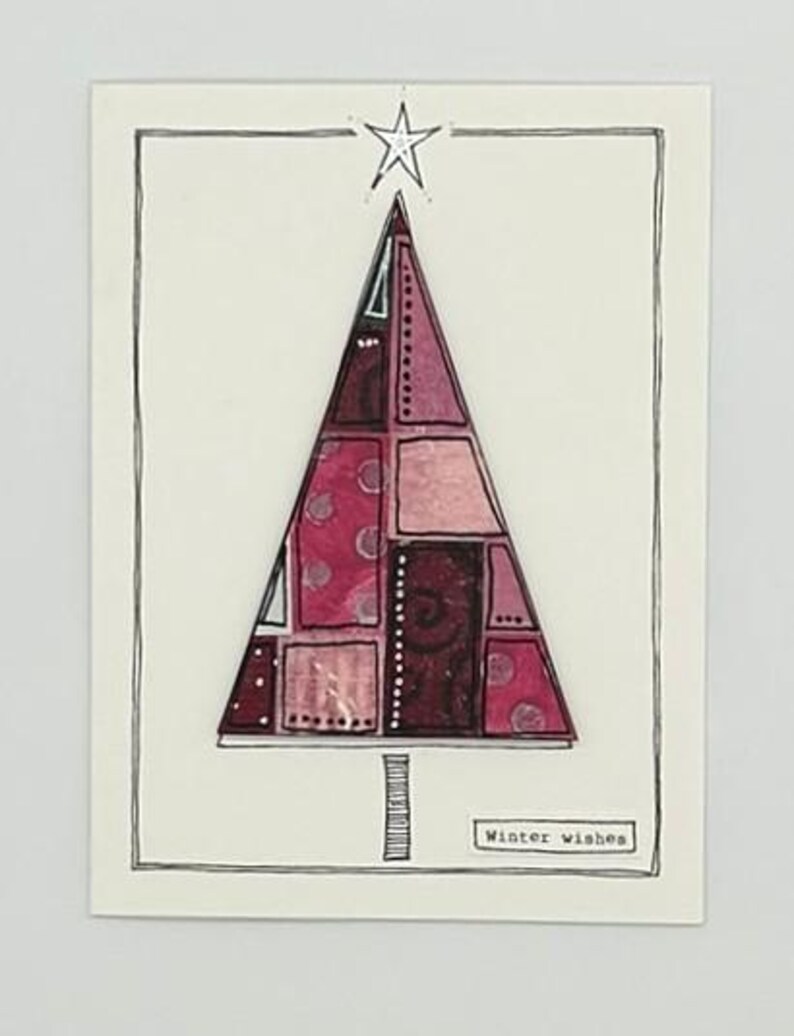 Set of 4 Handmade Holiday Notecards, Painted Paper Collage, Christmas ...