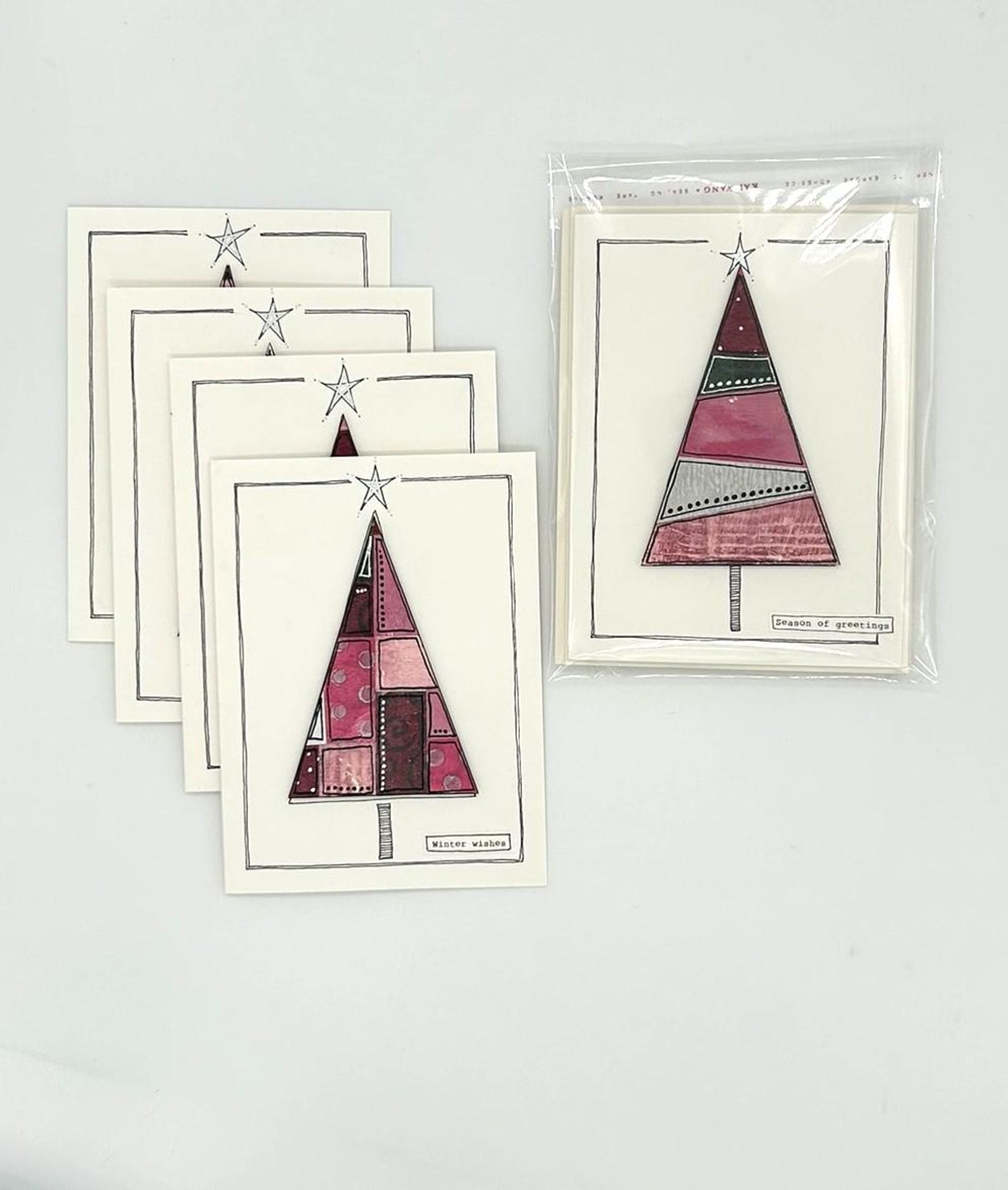 Set of 4 Handmade Holiday Notecards, Painted Paper Collage, Christmas ...