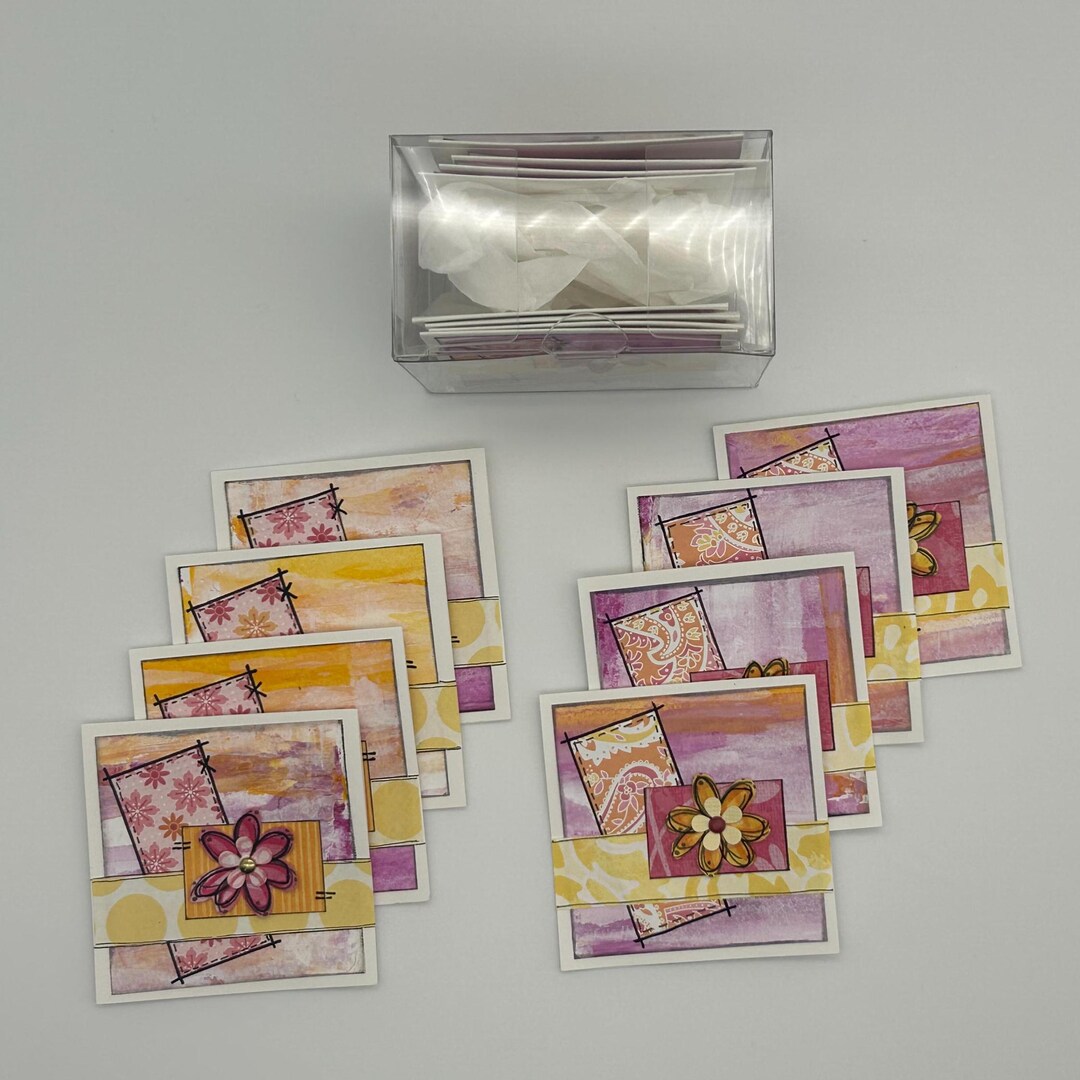 Handmade Small Note Cards or Gift Tag (3x3), Yellow & Pink Design. Set ...