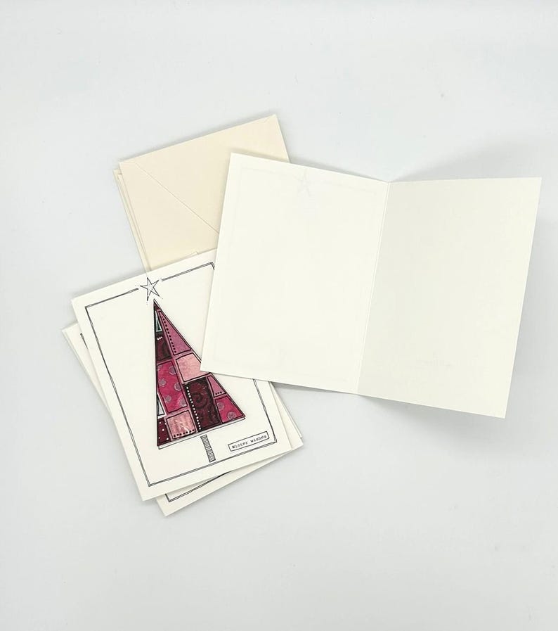 Set of 4 Handmade Holiday Notecards, Painted Paper Collage, Christmas ...