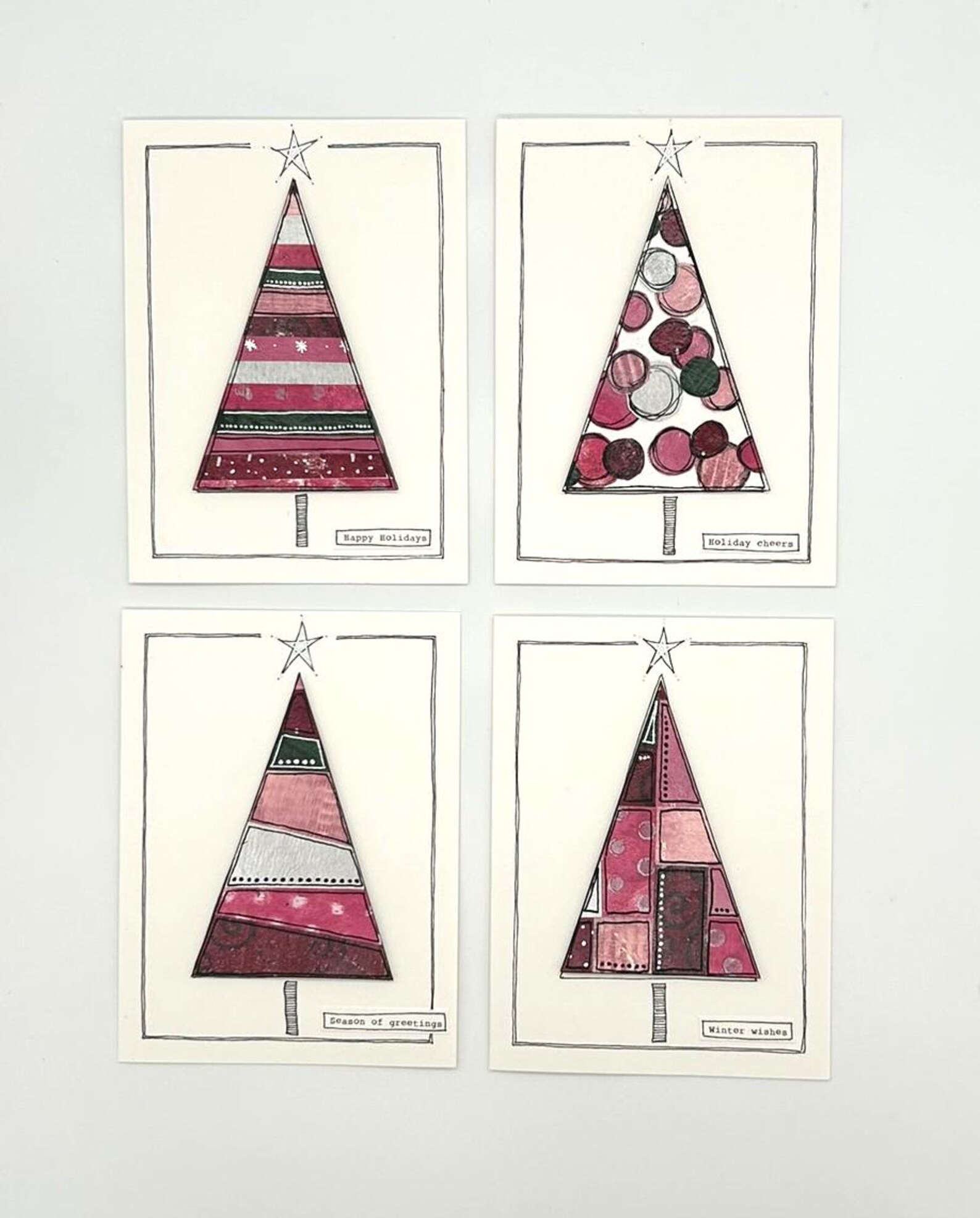 Set of 4 Handmade Holiday Notecards, Painted Paper Collage, Christmas ...