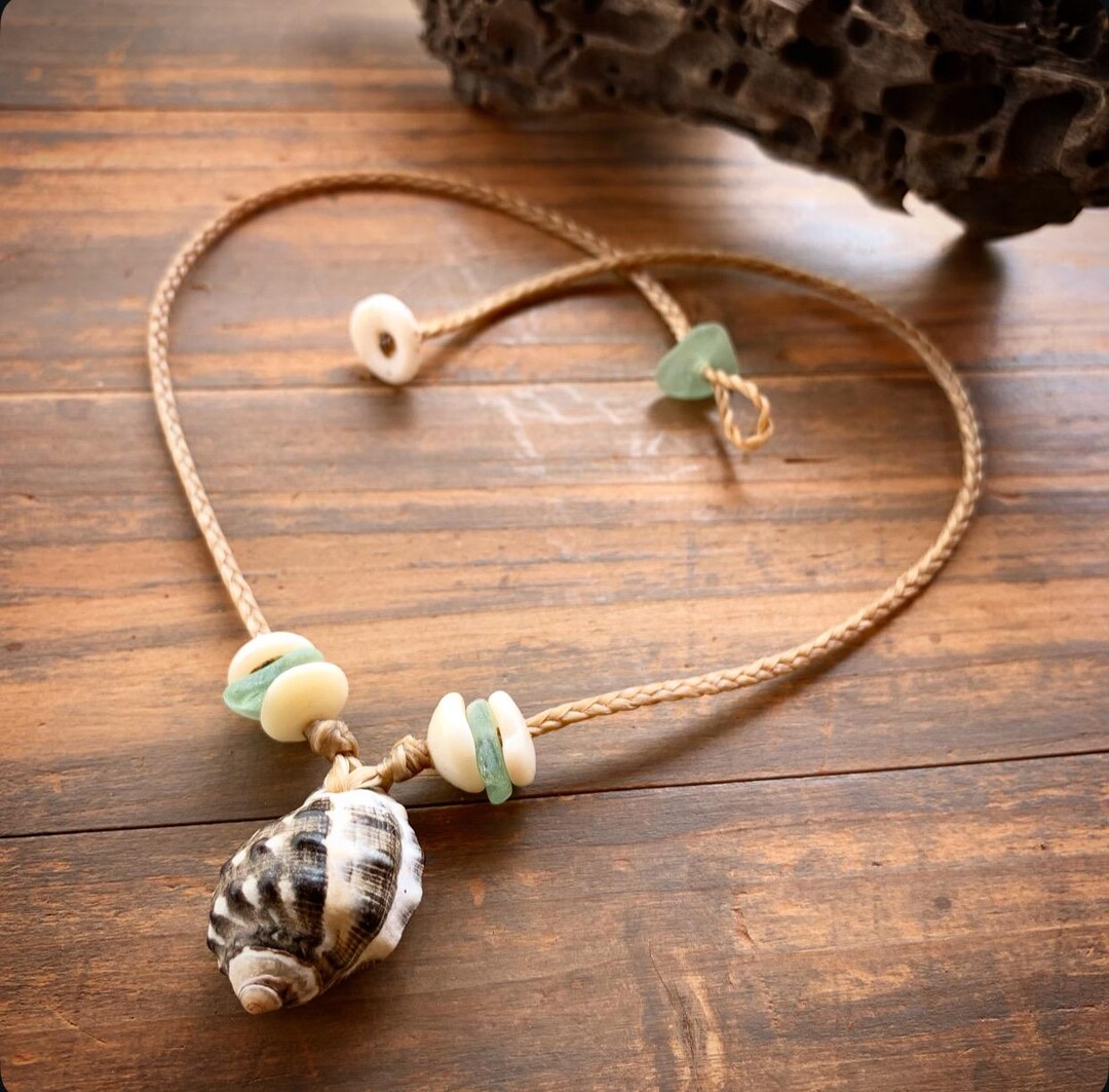 Hawaiian Drupe Shell Necklace With Puka Shells and Teal Seaglass on ...