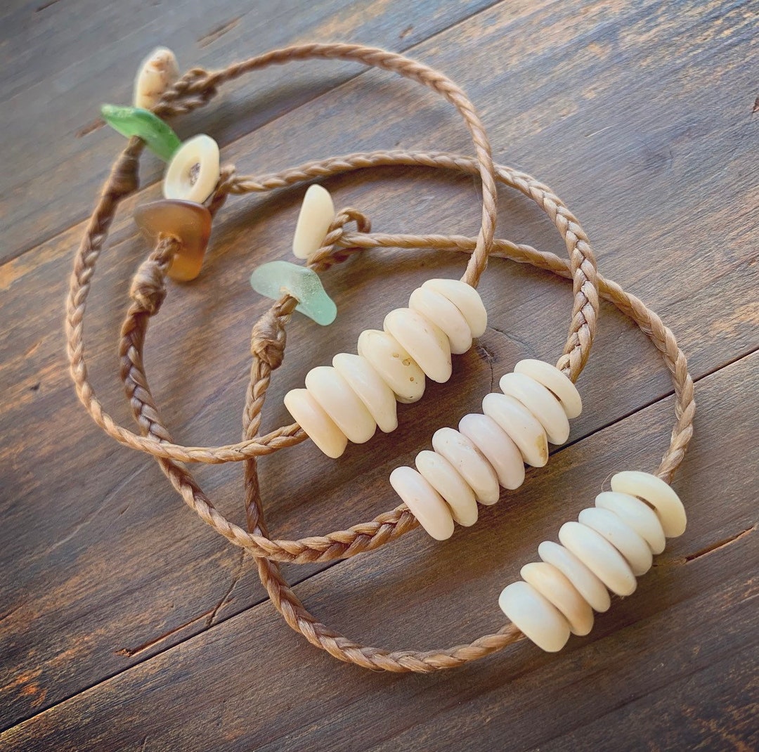 Waterproof 7 Pukas Bracelet on Hand Braided Sinew With Locking Seaglass ...