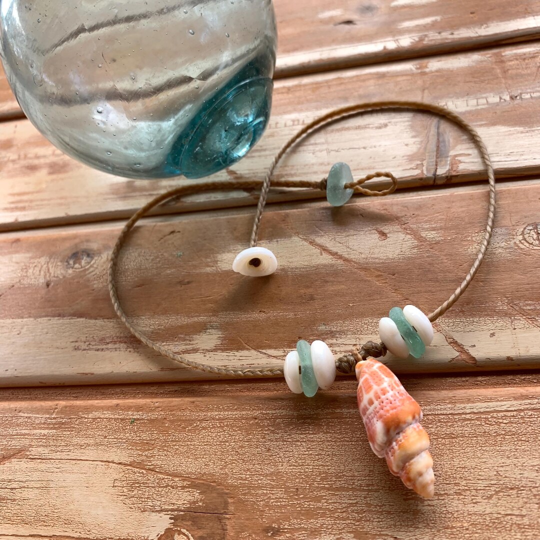 Hawaiian Pontifical Miter Shell Necklace With Puka Shells and Seaglass ...