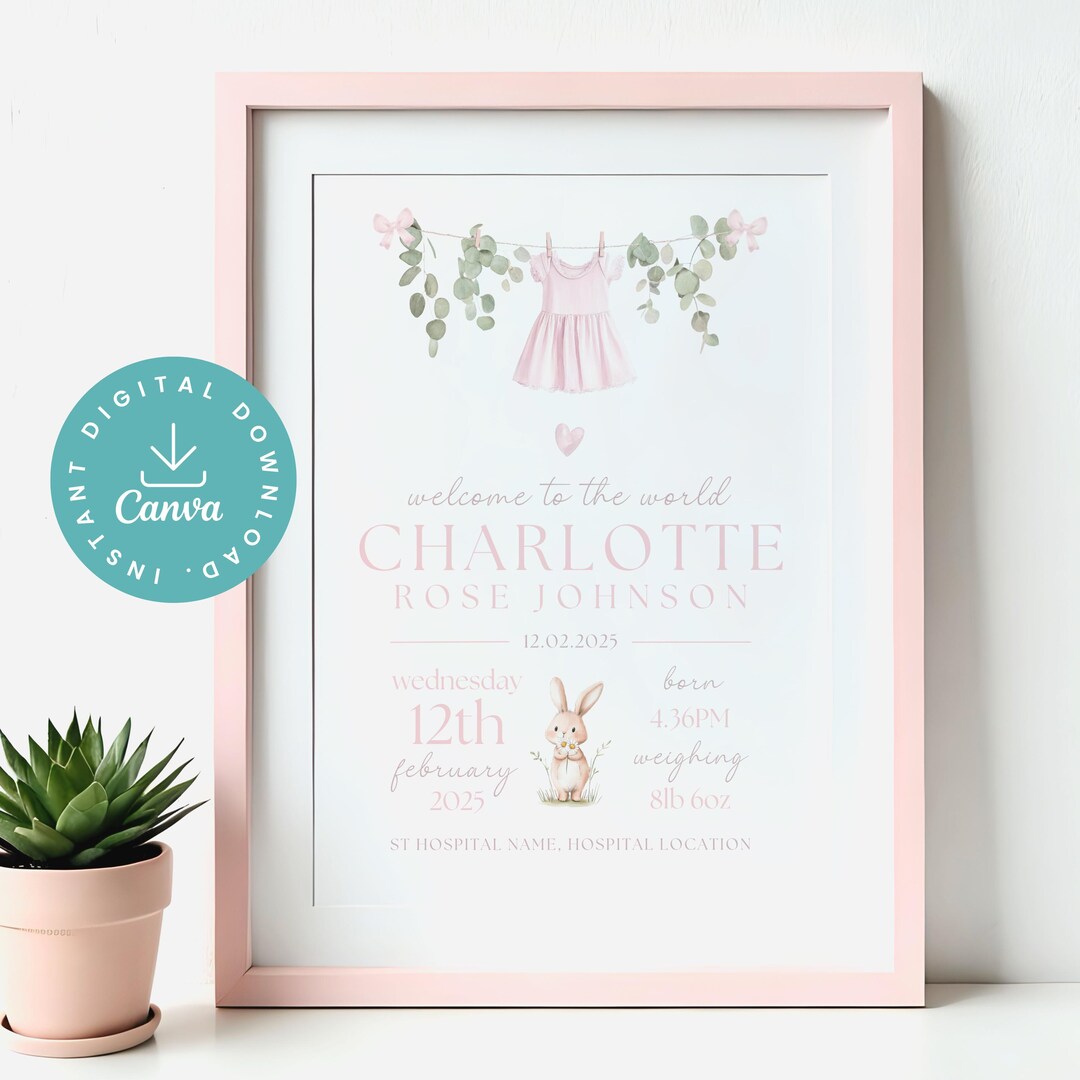 New Baby Girl Birth Stats Poster, EDITABLE Nursery Wall Art ...