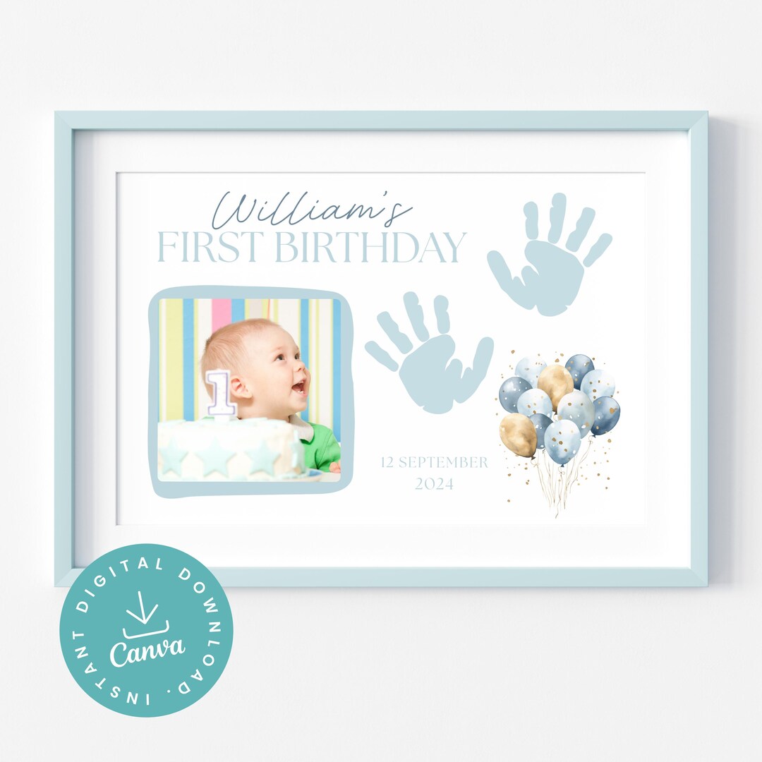 First Birthday Handprint and Photo PRINTABLE Art, EDITABLE Personalised ...