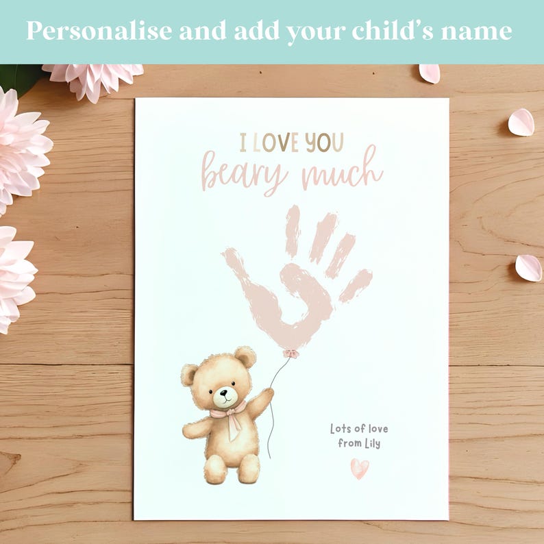 Love You Beary Much PRINTABLE Art, Handprint Keepsake, Cute Pink Teddy ...