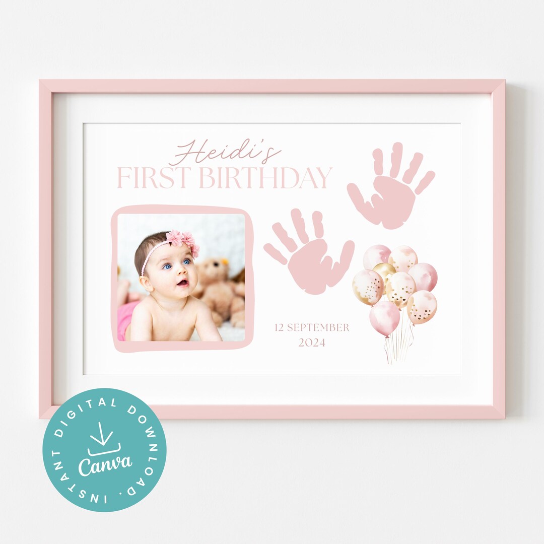 First Birthday Handprint and Photo PRINTABLE Art, EDITABLE Personalised ...