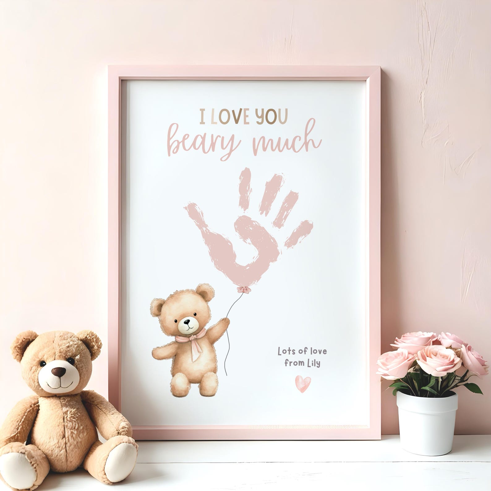 Love You Beary Much PRINTABLE Art, Handprint Keepsake, Cute Pink Teddy ...