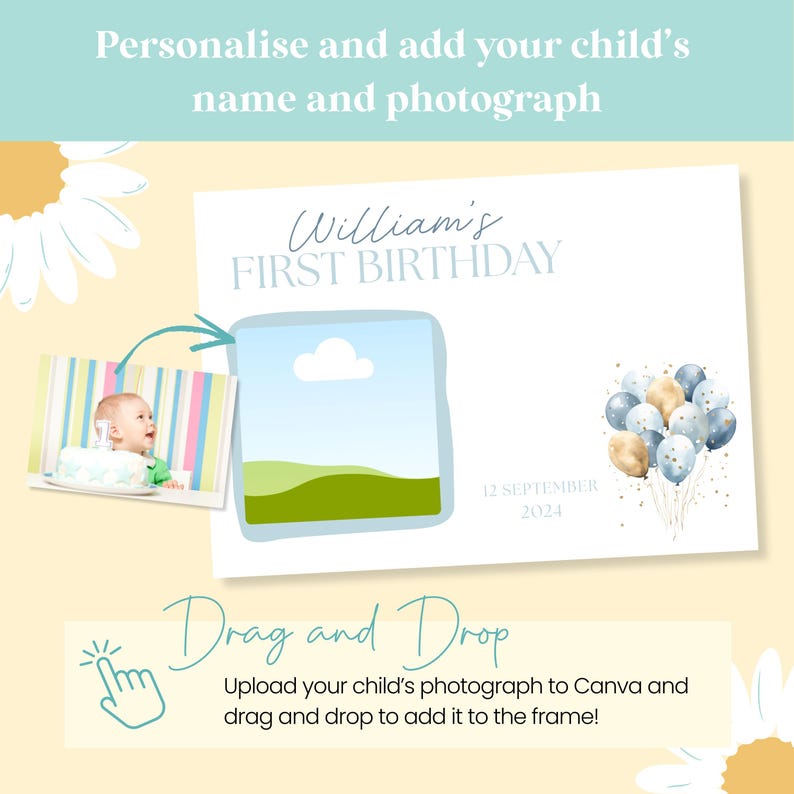 First Birthday Handprint and Photo PRINTABLE Art, EDITABLE Personalised ...