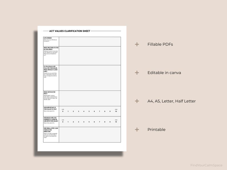 ACT Values Clarification Sheet | Printable + Customizable Worksheet ...